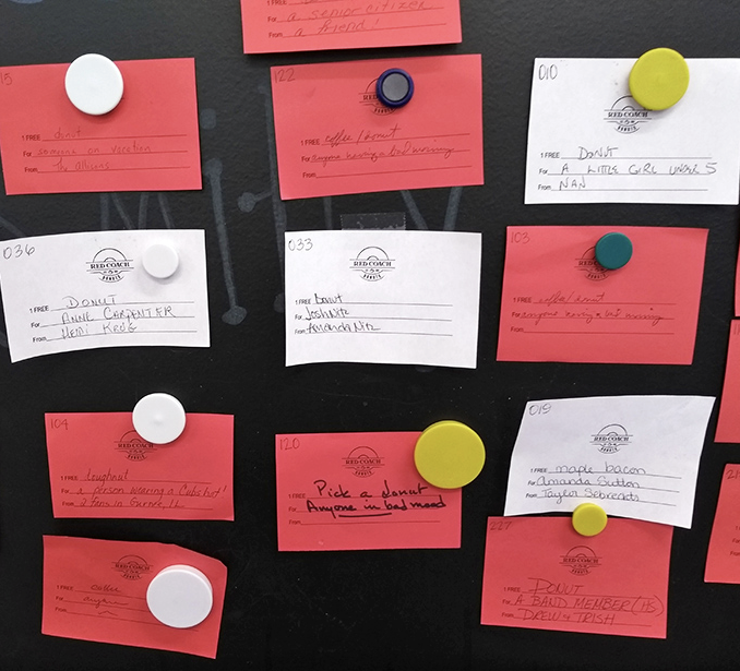 A wall of prepaid kindness—where strangers leave the gift of donuts for others. Proof that frosted goodness brings out the best in humanity.