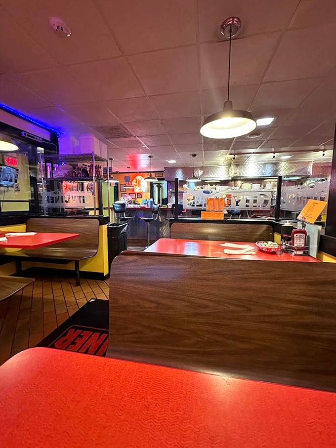 Evening light transforms the diner into a cozy refuge where breakfast for dinner isn't just allowed—it's encouraged.