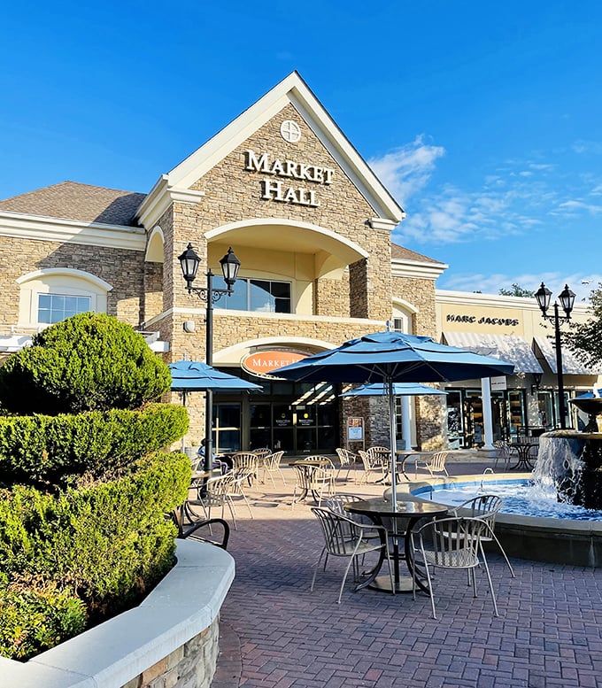 Market Hall's outdoor seating area: the perfect spot to rest weary feet and calculate just how much you've "saved" today.