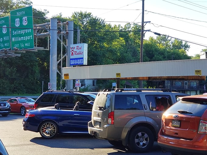 The parking lot tells its own story—a gathering place where vehicles line up like eager diners waiting for their turn at Pennsylvania's roadside treasure. 