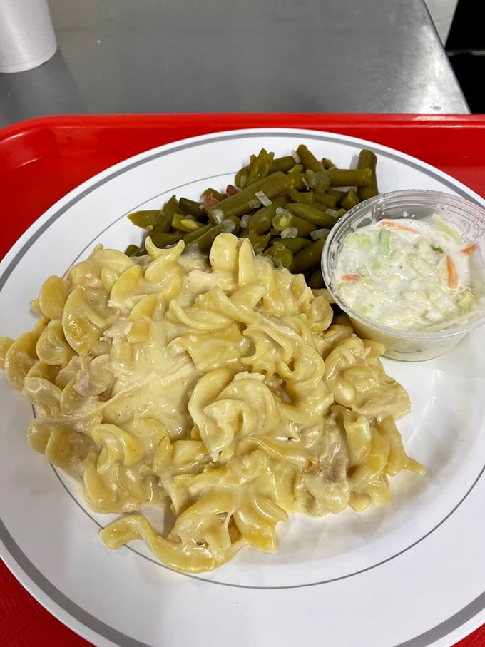 Creamy pasta with green beans and coleslaw—comfort food's greatest hits album on a single plate.