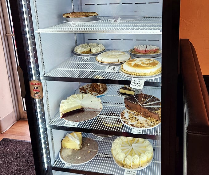 The dessert case—where willpower goes to die. Those pies and cakes aren't just desserts; they're the reason elastic waistbands were invented.