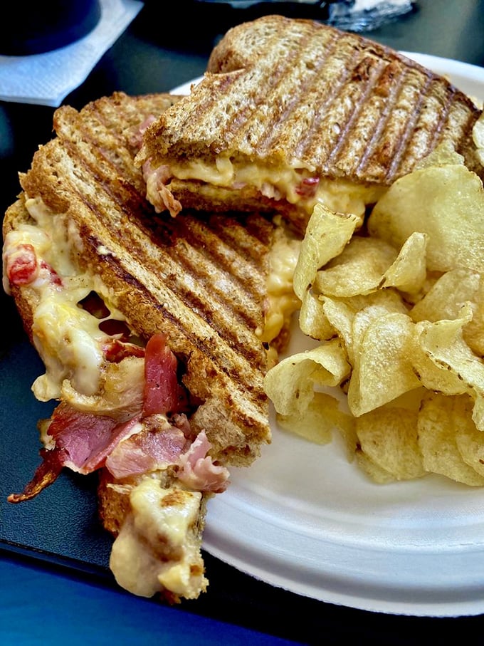 Behold the grilled sandwich in its natural habitat—golden, crispy, and oozing with melted perfection. Those chips aren't just sides, they're supporting actors in a delicious drama.