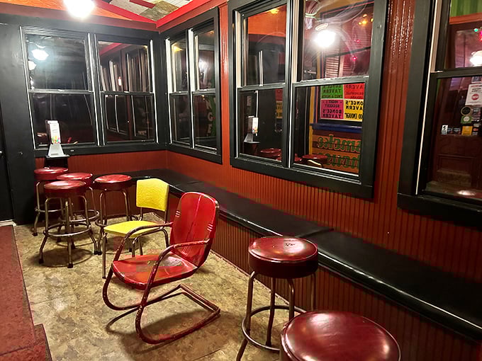 This waiting area with its vintage metal chairs isn't just a place to sit—it's where the anticipation builds before one of Indiana's most memorable dining experiences.