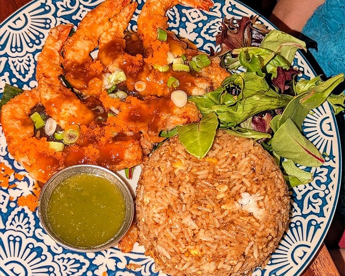 Garlic prawns that make you wonder why you've wasted time eating anything else – that vibrant sauce demands to be sopped up with rice.