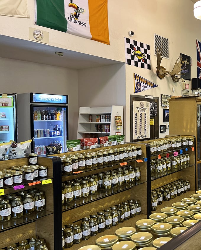 Shelves lined with homemade pickles and preserves – the supporting cast that deserves a standing ovation alongside the meats.