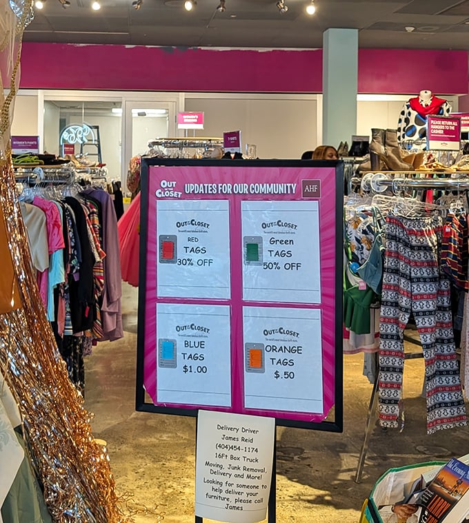 The color-coded tag system is the secret decoder ring to maximum savings—green means go for that 50% off treasure!