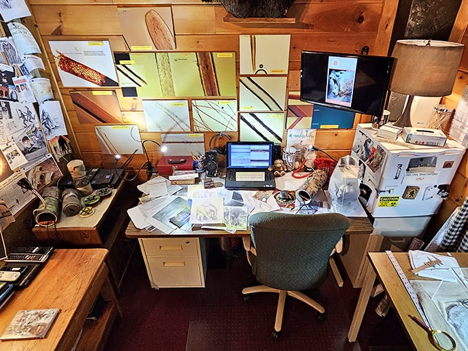 The researcher's desk—a beautiful chaos of notes, photos, and equipment—looks like the command center for someone who's either brilliant or beautifully obsessed.