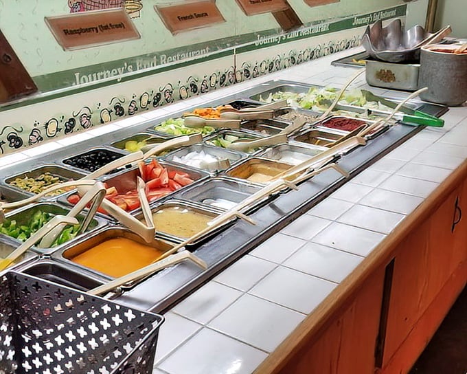 The salad bar stretches like a colorful highway of fresh options—the starting line for a buffet marathon where pace yourself is the winning strategy.