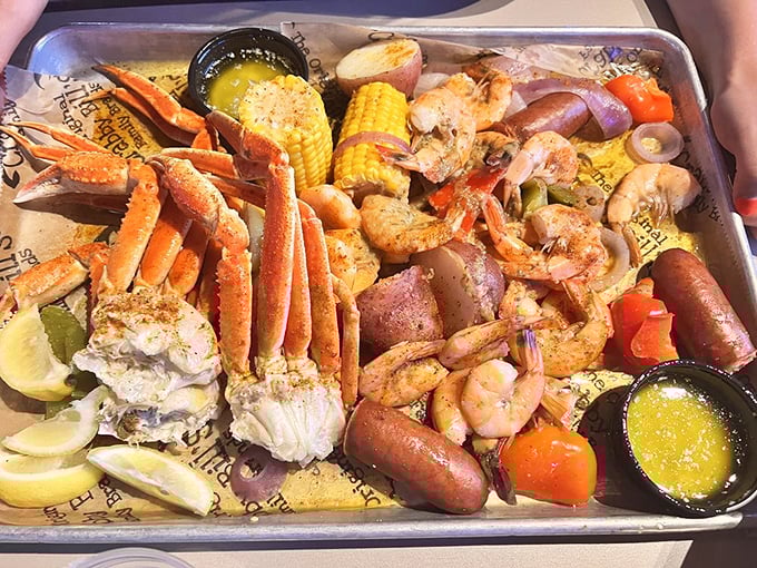 A seafood boil that's basically a treasure chest of ocean delights – crab legs, shrimp, corn, and potatoes swimming in seasoned butter.