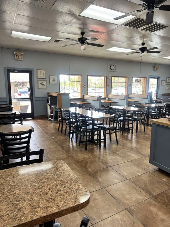 Clean, simple seating that says, "We put our energy into the food, not fancy décor"—and that's exactly how it should be.