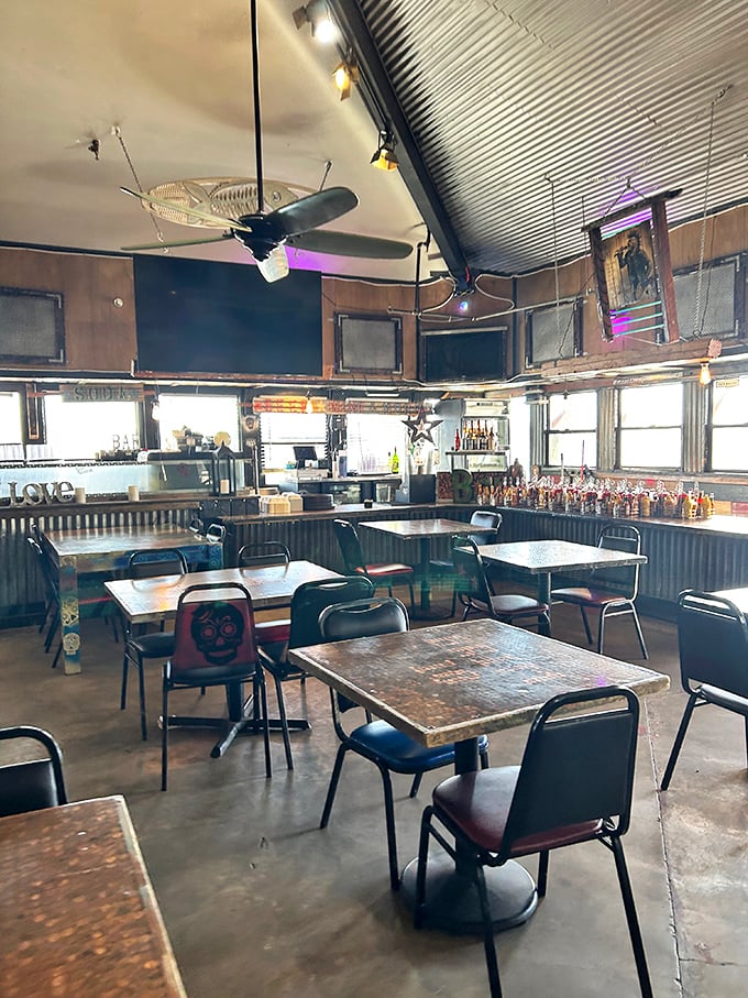 More industrial-chic than beachy, this dining area proves Mrs. Olson's isn't just coasting on views – the atmosphere has character to spare.