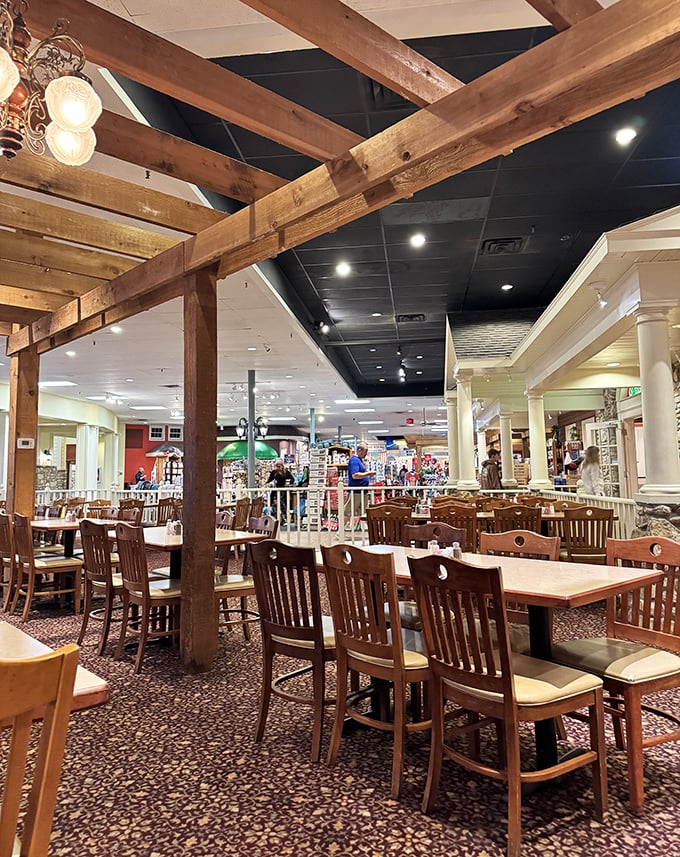 The pergola-style wooden beams overhead aren't just decorative—they're framing your next food adventure in quintessential Ozark style.