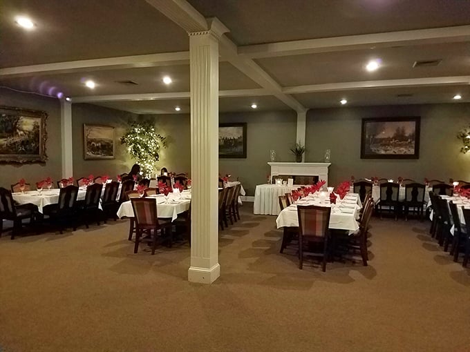 The private dining area stands ready for celebration, with crisp linens and red napkins adding festive touches. Perfect for gatherings where memories are made between courses.