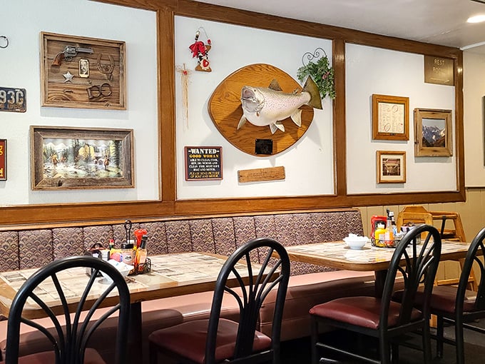 Every mounted fish and framed photo tells a story of the Eastern Sierra – this isn't manufactured atmosphere, it's authentic local heritage served alongside your eggs.