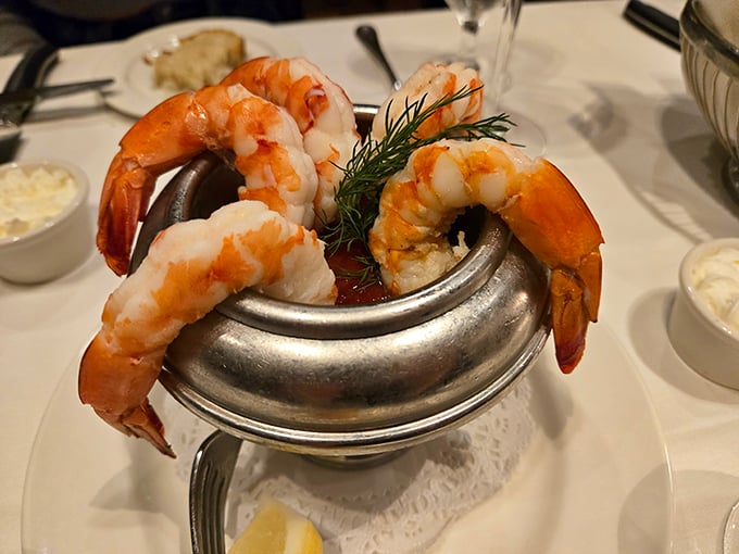 Jumbo shrimp cocktail served in a silver chalice—because at Lawry's, even the appetizers deserve a throne of their own.
