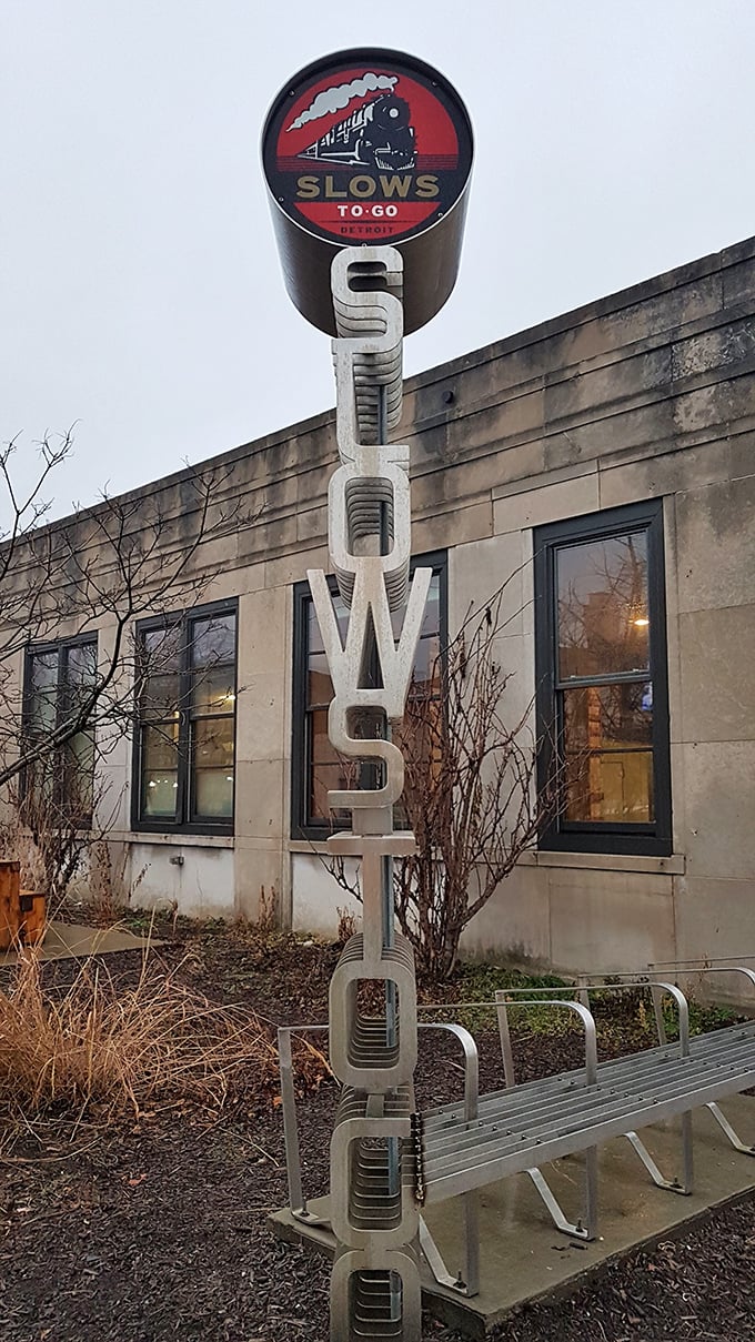 That vertical "SLOWS" sign isn't just signage – it's a beacon of hope for the barbecue-deprived souls of Michigan.