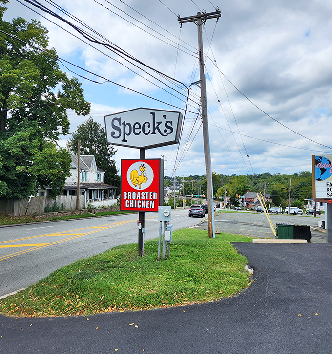 The roadside sign that's guided hungry travelers for generations—featuring that confident chicken who knows exactly how good he tastes.