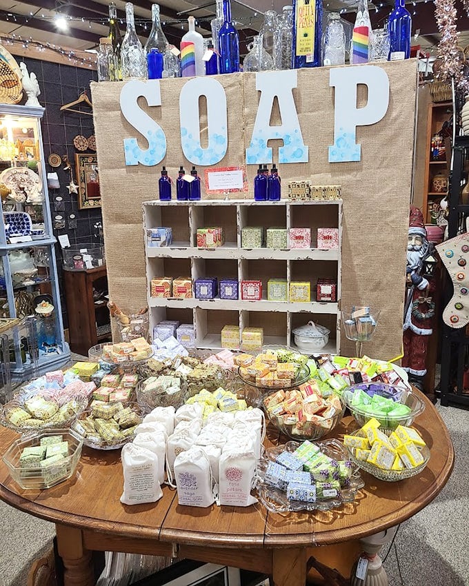 A soap lover's dream display that proves cleanliness isn't just next to godliness—it's also next to beautiful packaging and enticing scents.