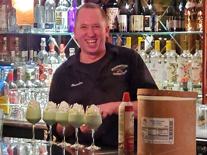 Those green concoctions aren't science experiments—they're Grasshoppers, the dessert you can drink while still claiming you saved room for cake.