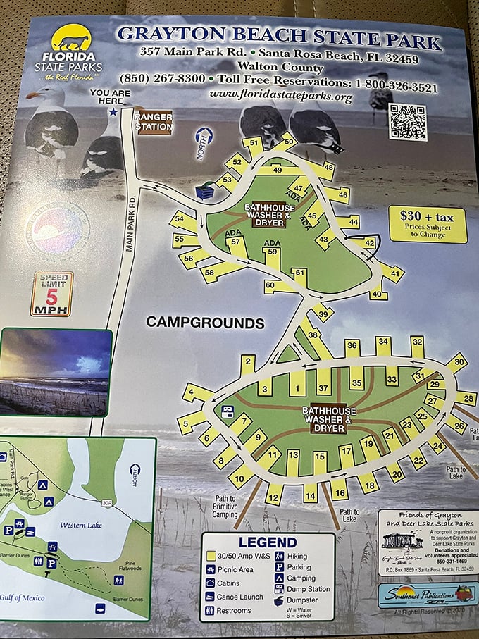 Campground cartography: This map doesn't just show you where to pitch your tent—it's your ticket to the rare camping experience where "roughing it" includes world-class beaches.