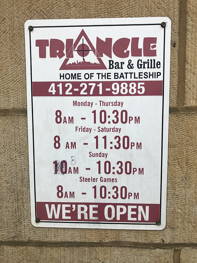 The hours sign reveals a crucial detail: they open early for Steelers games. In Pittsburgh, sandwich priorities are perfectly aligned with football priorities.