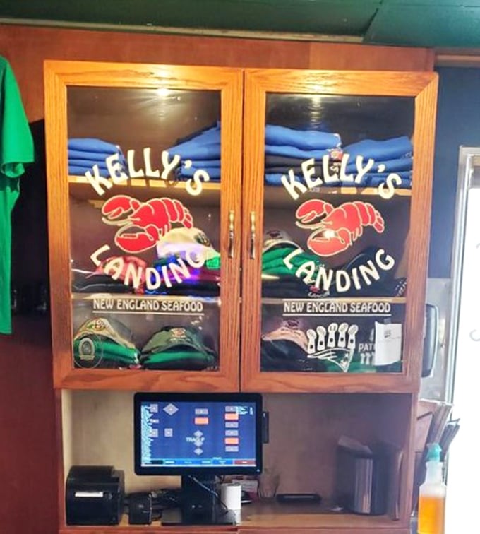 Even the merchandise cabinet proudly displays that iconic red lobster. Wear your seafood allegiance with pride.