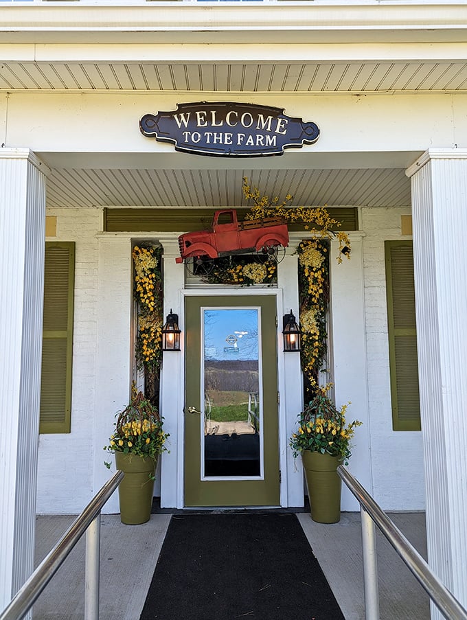 "Welcome to The Farm" isn't just a sign—it's a promise. The vintage truck and yellow flowers set the stage for homespun hospitality.