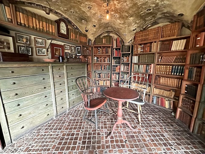 The library's concrete ceiling curves protectively over literary treasures, creating a sanctuary where knowledge and architecture achieve perfect harmony.