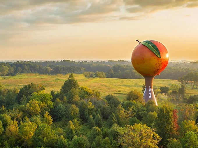 Sunset bathes the Peachoid in golden light, transforming it into something almost magical. Roadside attraction or fine art? You decide.