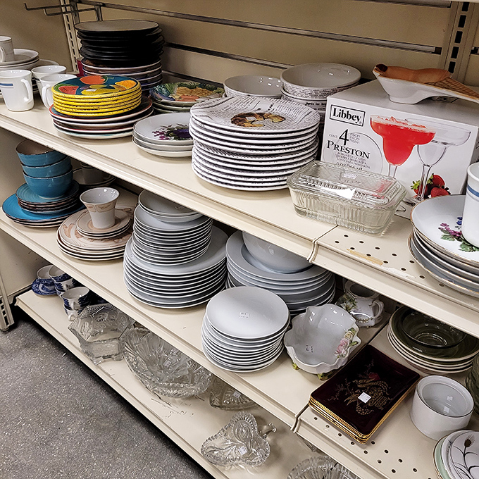 Dish sets organized with such precision, you'd think Martha Stewart moonlights as a thrift store merchandiser on weekends.