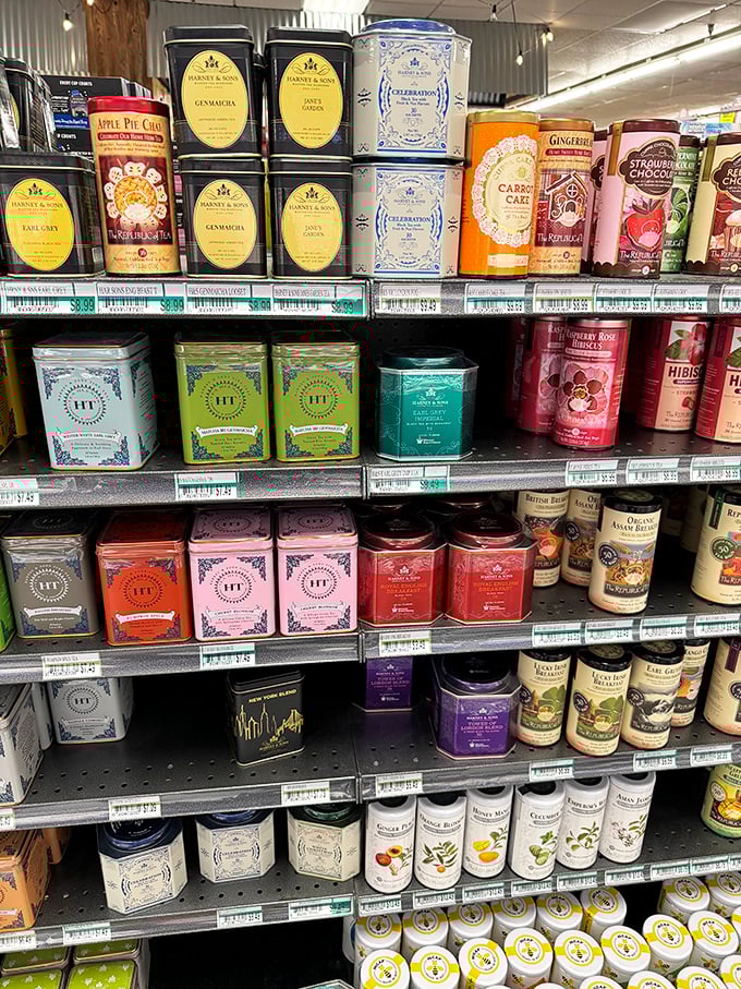 Tea treasures lined up like colorful soldiers. Each tin a passport to exotic flavors without leaving Pennsylvania.