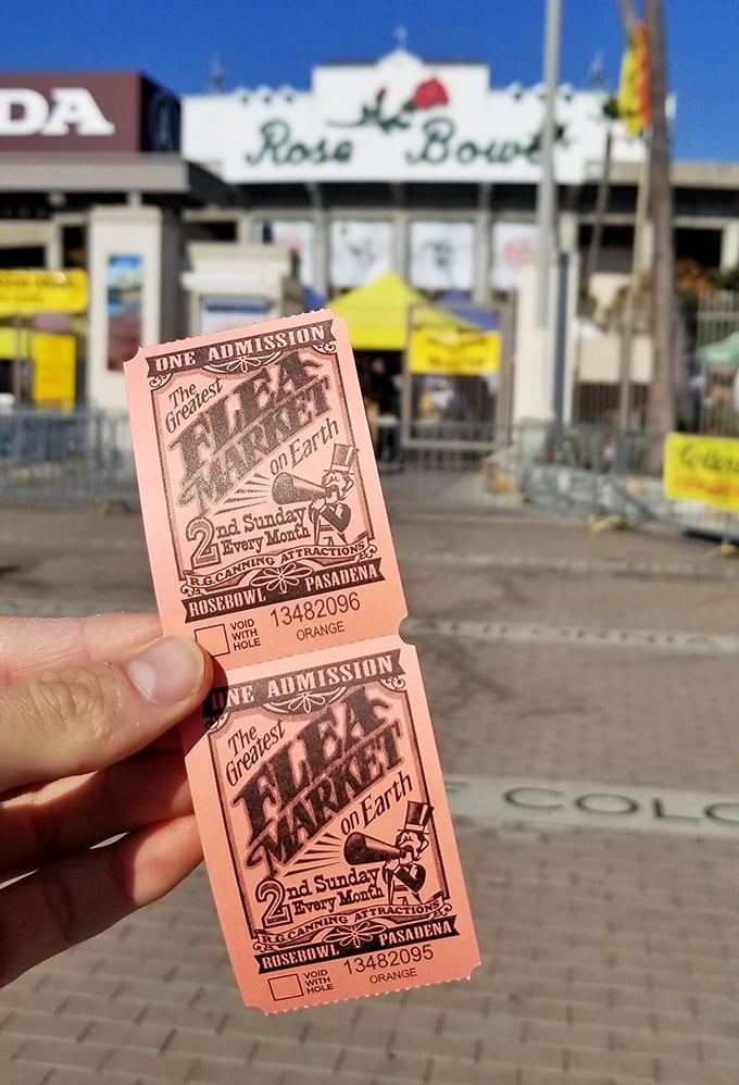 The golden ticket to treasure hunting—literally. This pink admission slip is your passport to what the ticket boldly proclaims is "The Greatest Flea Market on Earth."
