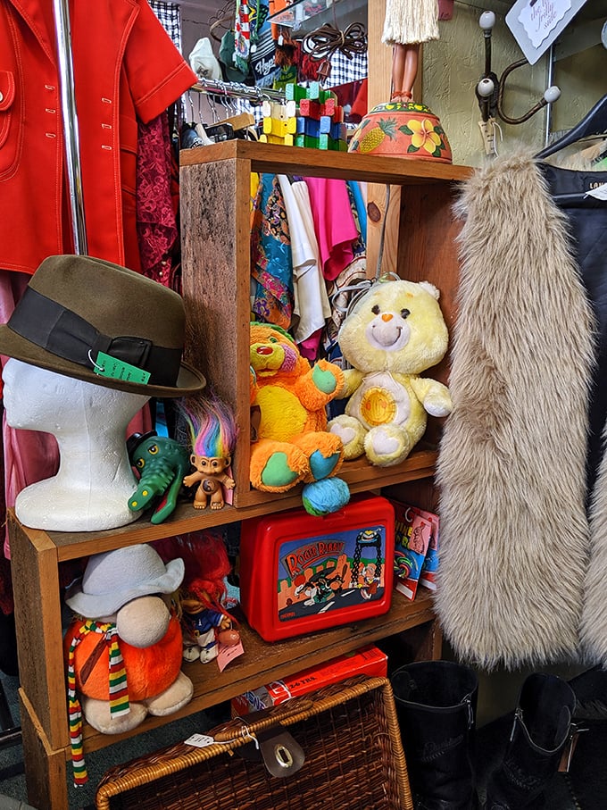 Childhood memories line these shelves—from Care Bears to fedoras. One person's forgotten toy is another's nostalgic treasure.