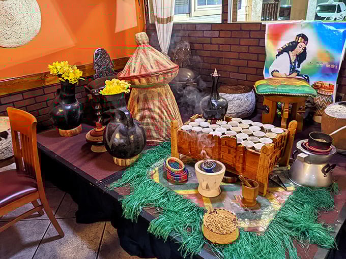 The coffee ceremony setup isn't just about caffeine—it's a cultural ritual. Those clay pots contain what might be the most aromatic coffee experience in Florida.