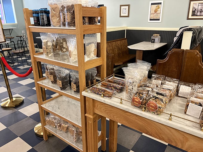 This isn't just a candy display—it's temptation in wooden form, offering sweet souvenirs for those rare moments when ice cream alone isn't enough.