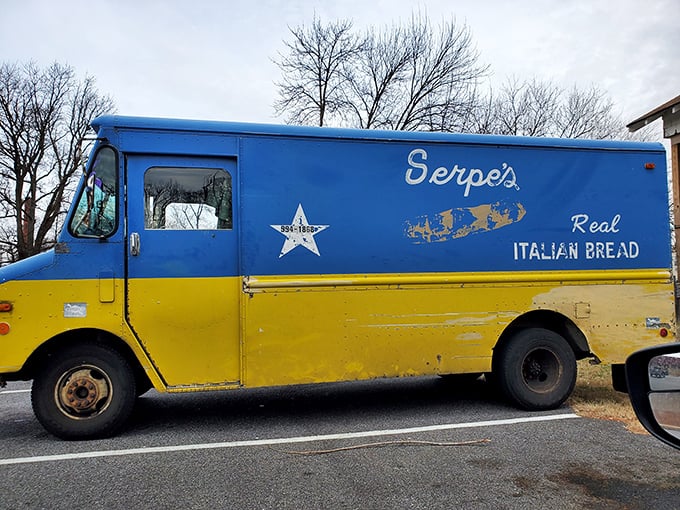 The iconic Serpe's delivery truck—a blue and yellow beacon of hope bringing Italian bread happiness throughout Delaware.