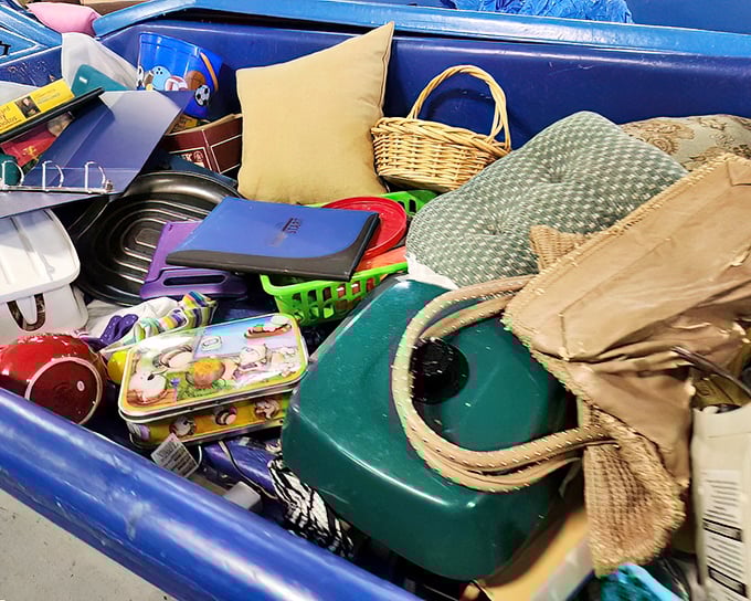 The ultimate mixed bag – from vintage lunch boxes to wicker baskets, each bin offers a completely unpredictable assortment of household goods.