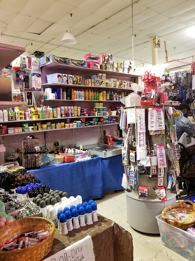 Beauty products and accessories arranged with the chaotic precision of a retail Jackson Pollock—somehow it all makes perfect sense.