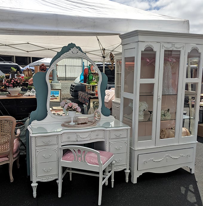 This dreamy vintage vanity set would make even Audrey Hepburn swoon—shabby chic perfection waiting to transform someone's bedroom into a Hollywood starlet's boudoir.