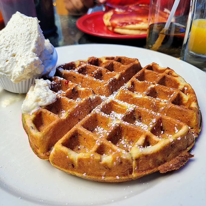 This isn't just a waffle, it's an architectural achievement – golden, crisp exterior giving way to a fluffy interior, crowned with whipped cream.