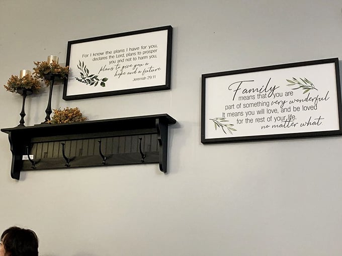 Wall décor that reminds you this is a place where family values and comfort food go together like chicken and dumplings.