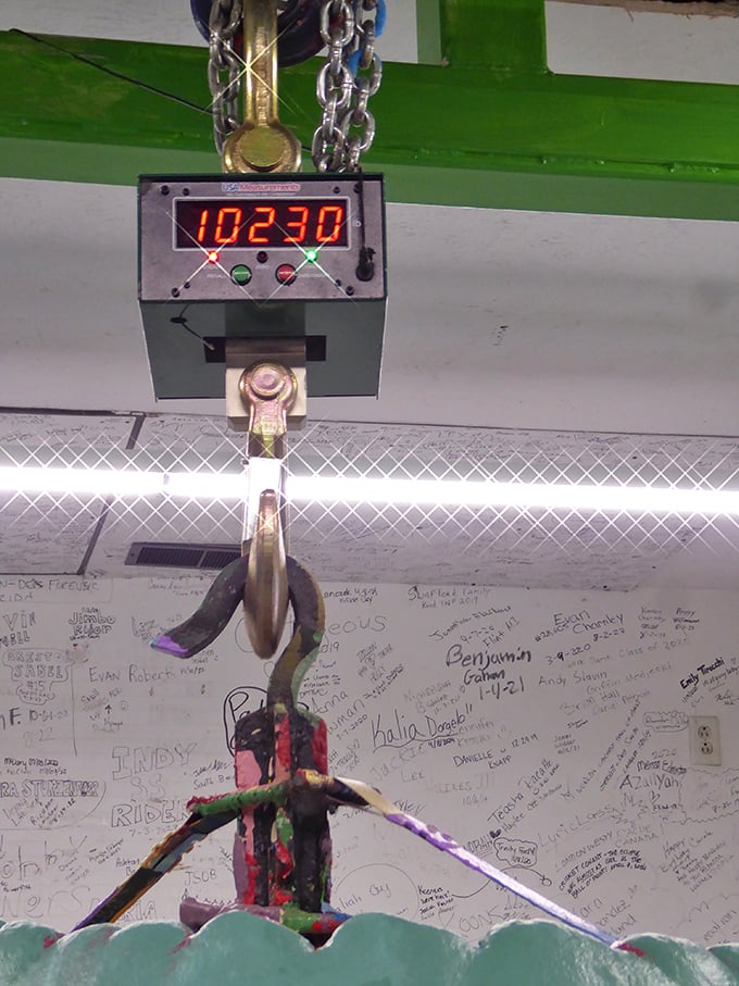 This industrial-strength scale doesn't lie—thousands of paint layers add up to something substantial. Physics in action!