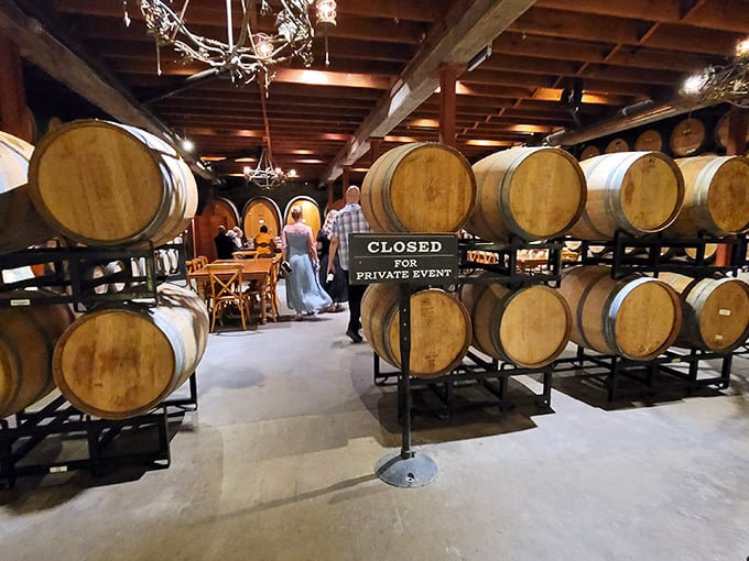Behind the "Closed for Private Event" sign lies the inner sanctum of wine country—where oak barrels cradle liquid dreams.