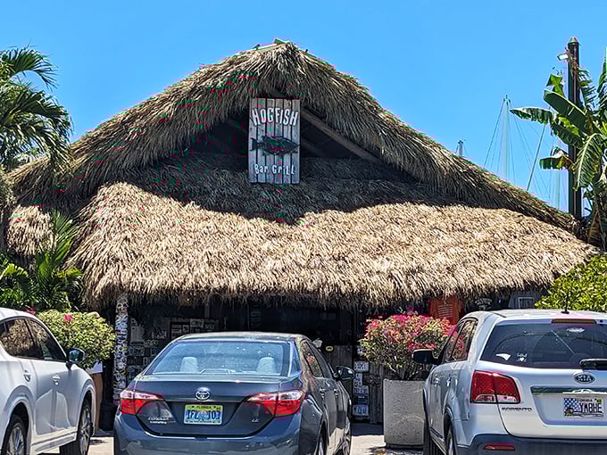 That tiki-style thatched roof isn't just for show – it's setting the stage for the tropical seafood feast that awaits.