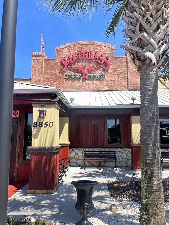 The warm, inviting exterior of Saltgrass promises hearty steaks and Texas-sized portions inside.