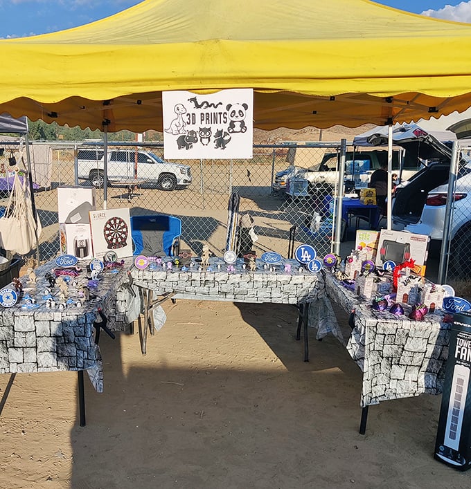 3D-printed treasures displayed on castle-themed tables. Yesterday's technology becomes today's affordable art in this creative corner of the market.