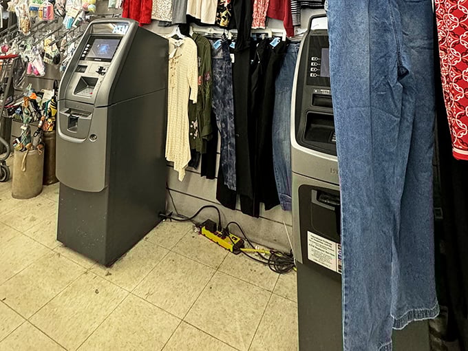 Even ATMs have found their way into this retail wilderness. Modern convenience meets old-school bargain hunting in this corner of the store.