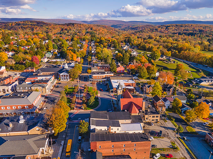 From above, Ligonier reveals its perfect nestling among autumn-painted hills—a town that somehow looks exactly how Norman Rockwell would have arranged it. 