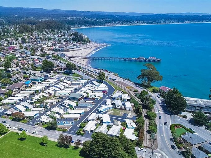 From above, Capitola reveals its perfect positioning between hills and ocean—a place that makes you wonder why you don't live in a seaside village.